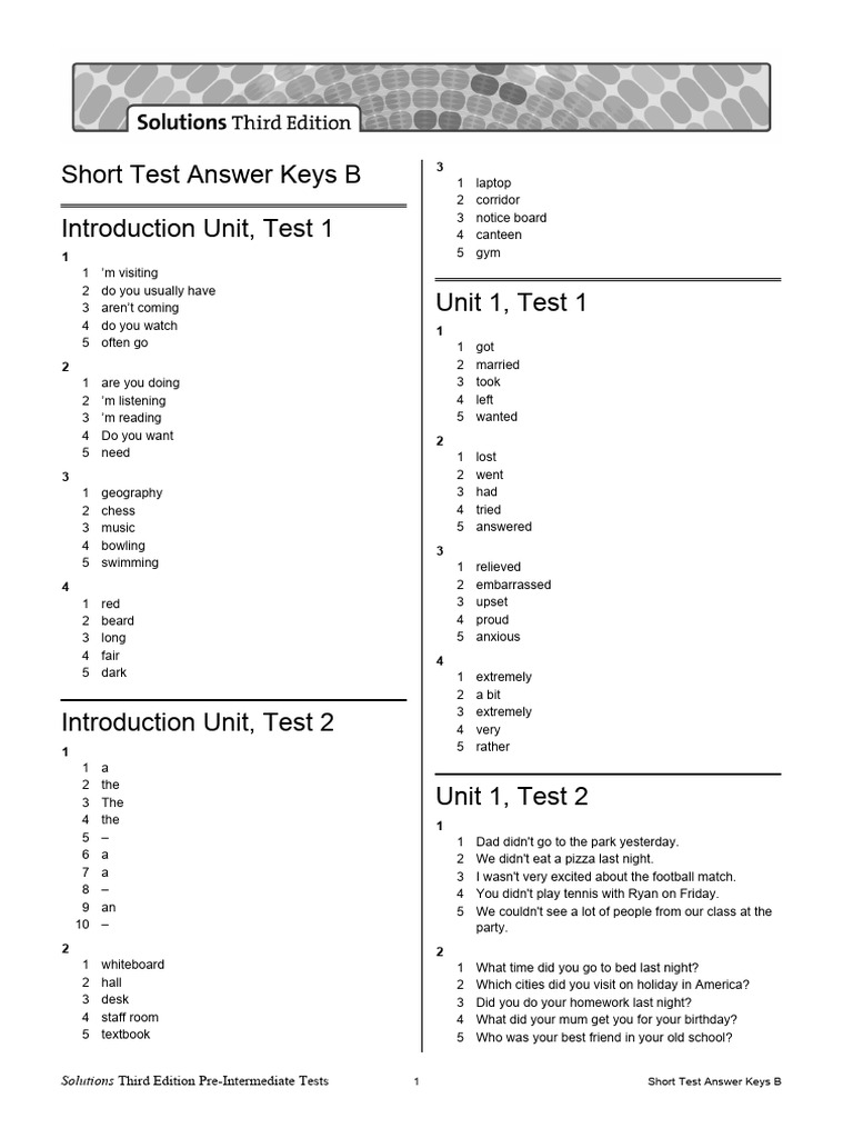 Sol3e Preint Short Test Answer Keys B | PDF Sol3e Preint Short Test Answer Keys B | PDF
