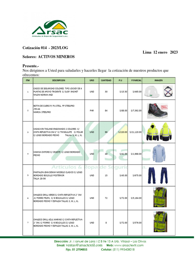 COTIZACION 014 - 2023 ACTIVOS MINEROS Srta Chelsea Alcedo ZAPATOS ...