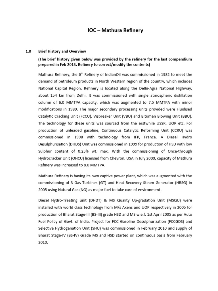 IOCL-Mathura Overall Brief Description | PDF | Oil Refinery | Cracking ...