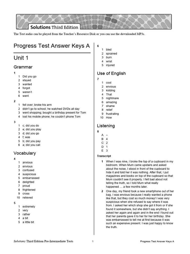 Sol3e Preint Progress Test Answer Keys A | PDF