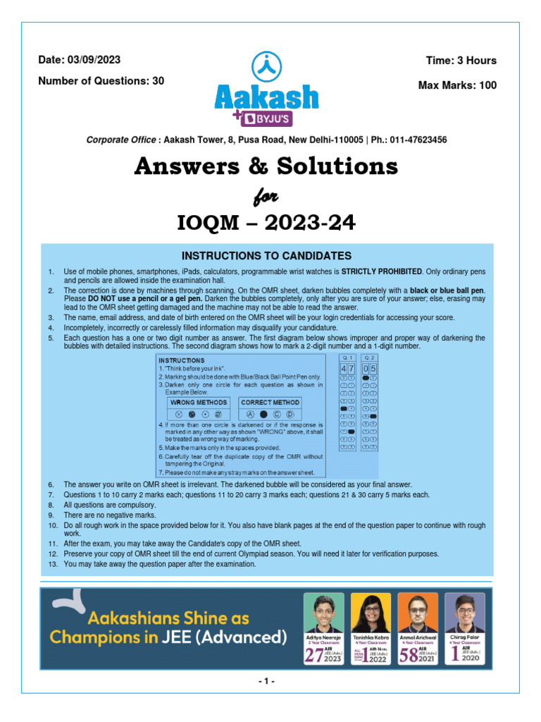 Ioqm 2023 24 Answers And Solutions Pdf Triangle Elementary