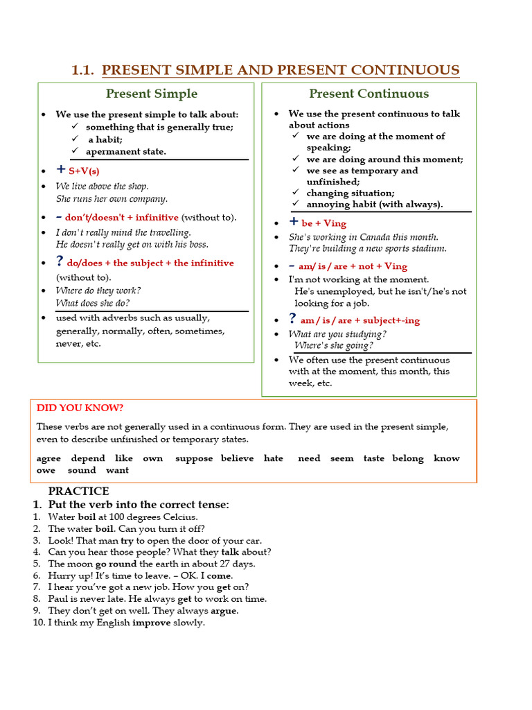 Present Simple Vs Present Continuous | Download Free PDF | Linguistics