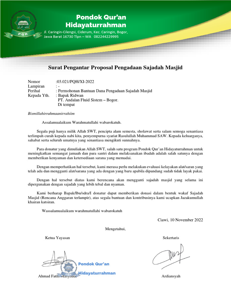 Surat Pengantar Proposal Pengadaan Sajadah Masjid | PDF
