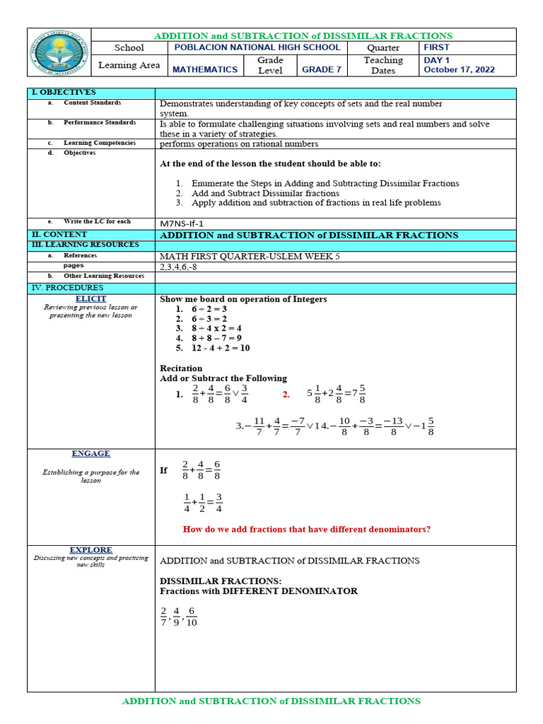 ADDITION and Subtraction of Dissimilar Fractions | PDF