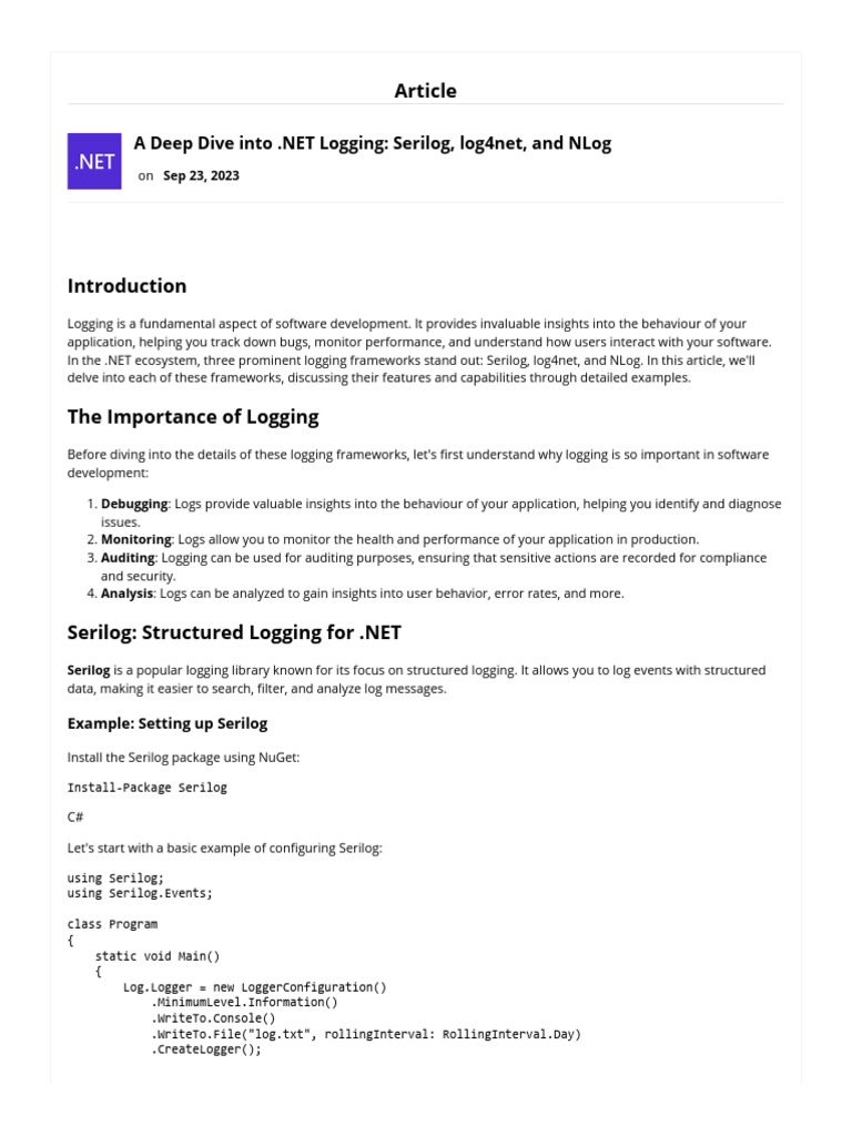 A Deep Dive Into .NET Logging | PDF | Computers A Deep Dive Into .NET Logging | PDF | Computers
