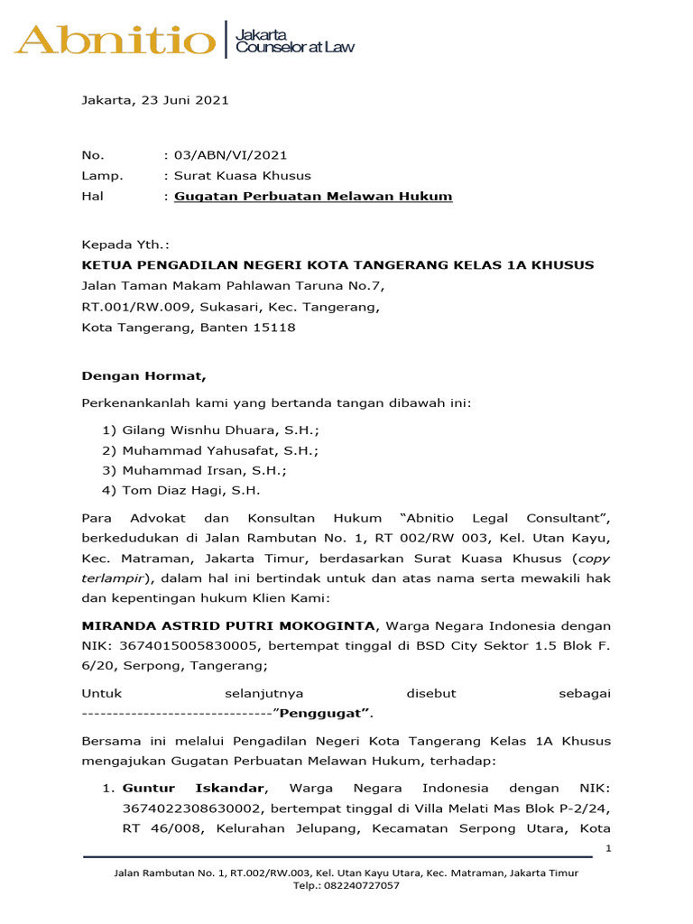 Gugatan PMH Astrid Mokoginta - Tangerang Ex | PDF