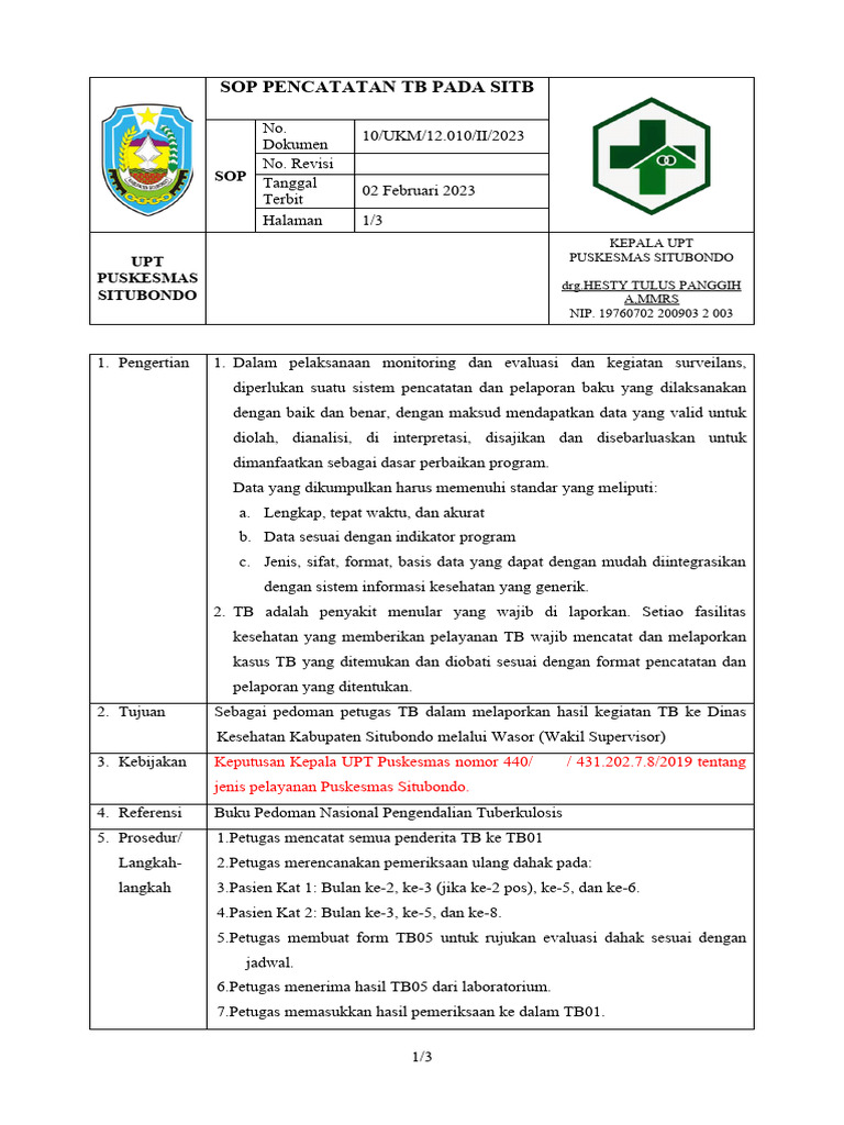 SOP Pencatatan Dan TB Dan SITB | PDF
