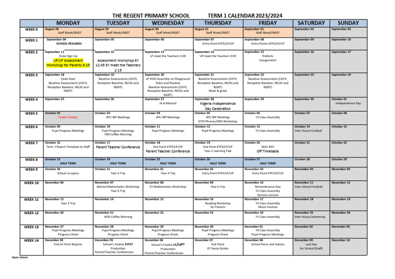 The Regent Primary School TERM 1 CALENDAR2023/2024 Monday Tuesday ...