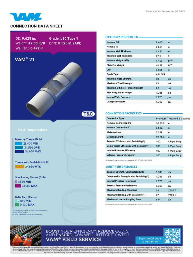 CDS VAM® 21 9.625in. 47lb-ft L80 Type 1 API Drift 8.525in. 87.5% | PDF ...