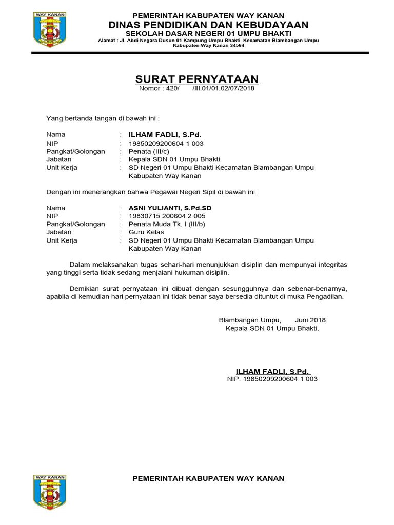 Surat Pernyataan Kepala SKPD | PDF