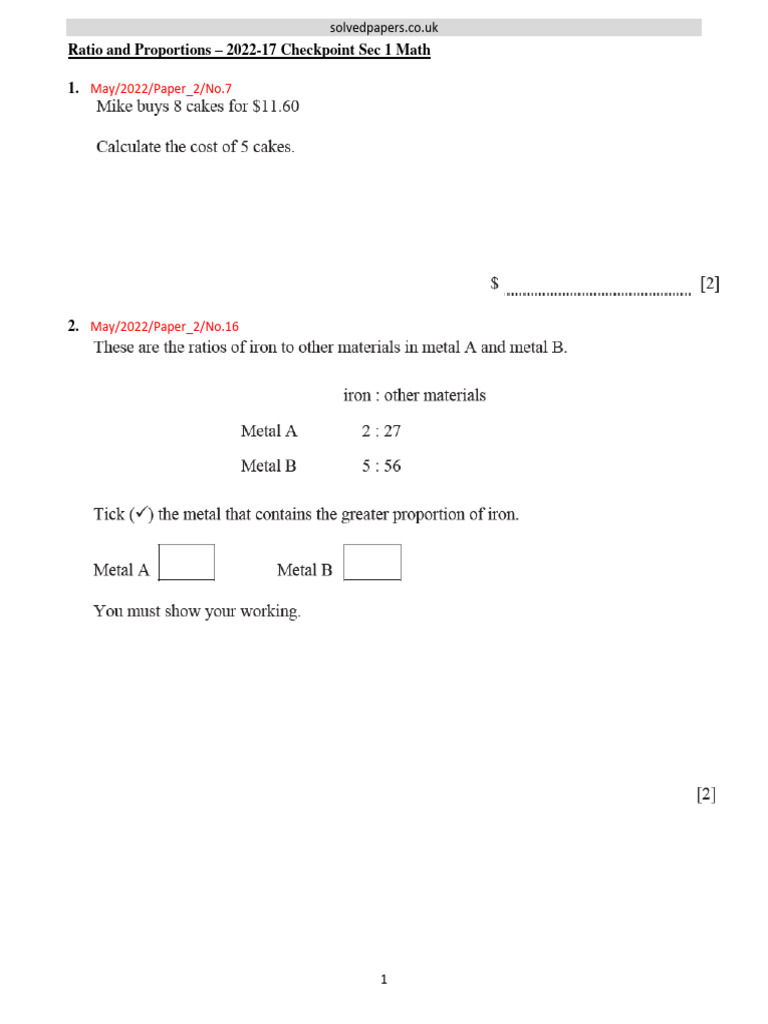 Checkpoint Math Ratio & Proportions Papers | PDF