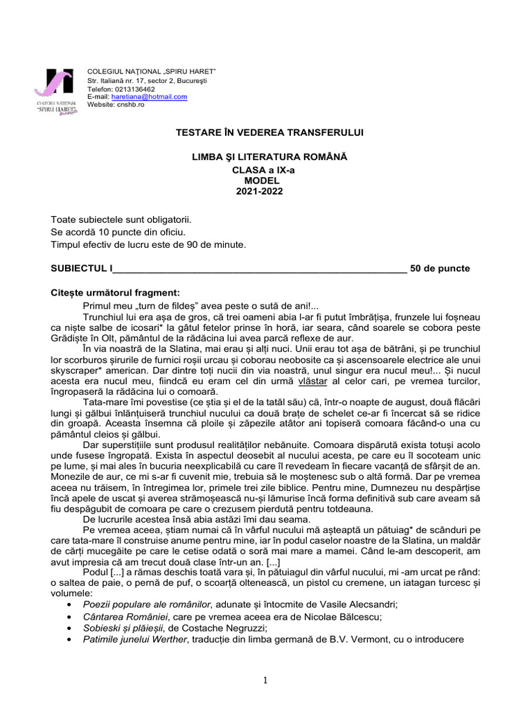 Limba Si Literatura Română Model Subiect Cls IX | PDF