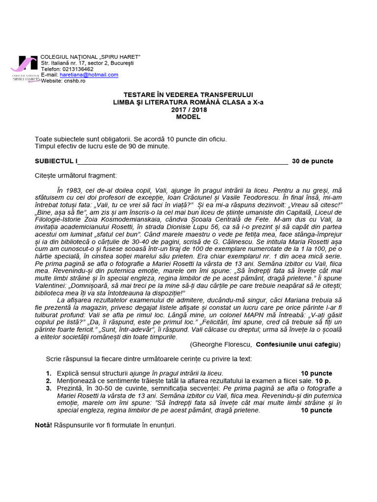 Limba Si Literatura Romana Model de Subiect Clasa A 10 A1 | PDF