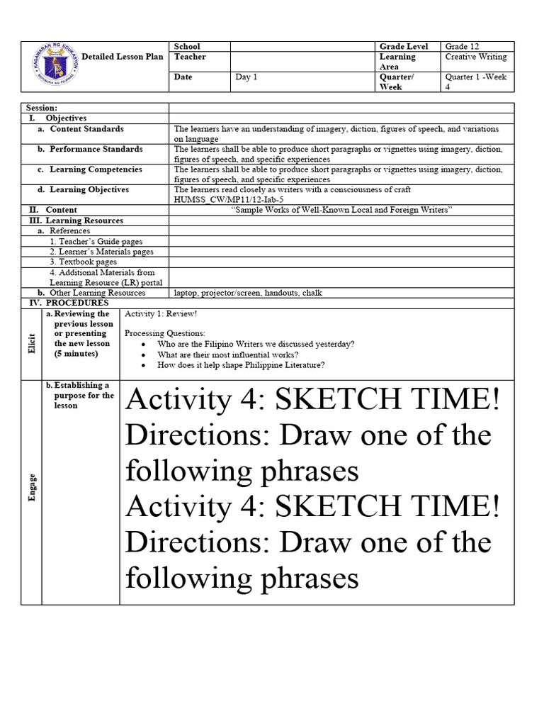 Grade 12 Creative Writing Lesson Plan | PDF | Experience | Learning