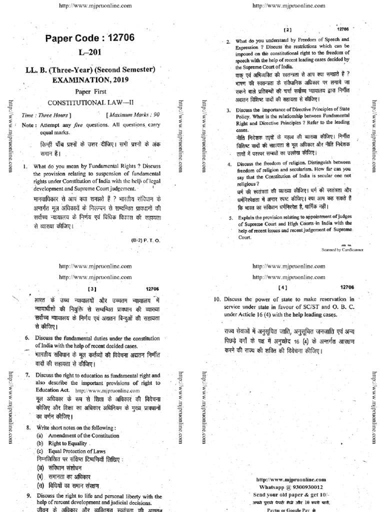 LLB 2 Sem Constitutional Law 2 12706 2019 | PDF