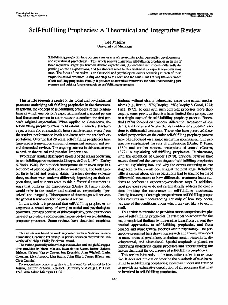 Self Fulfilling Prophecies A Theoretical | PDF