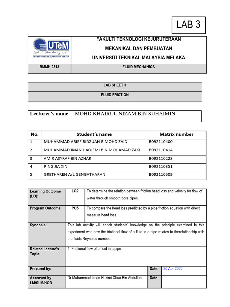 LAB 3 FLUID FRICTION (Group B) | PDF | Reynolds Number | Fluid Dynamics