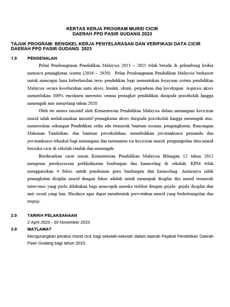 Kertas Kerja Program Murid Cicir PPD Pasir Gudang 2023 | PDF