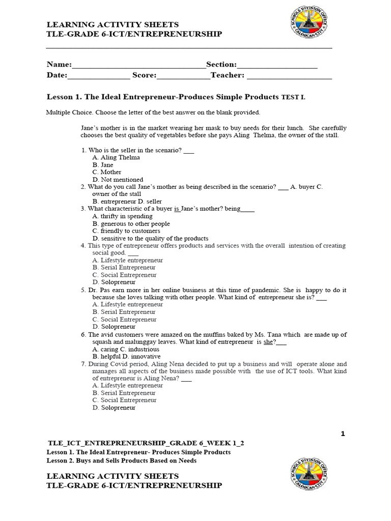 Tle 6 Q1 Las 1-2 | PDF | Entrepreneurship | Economies