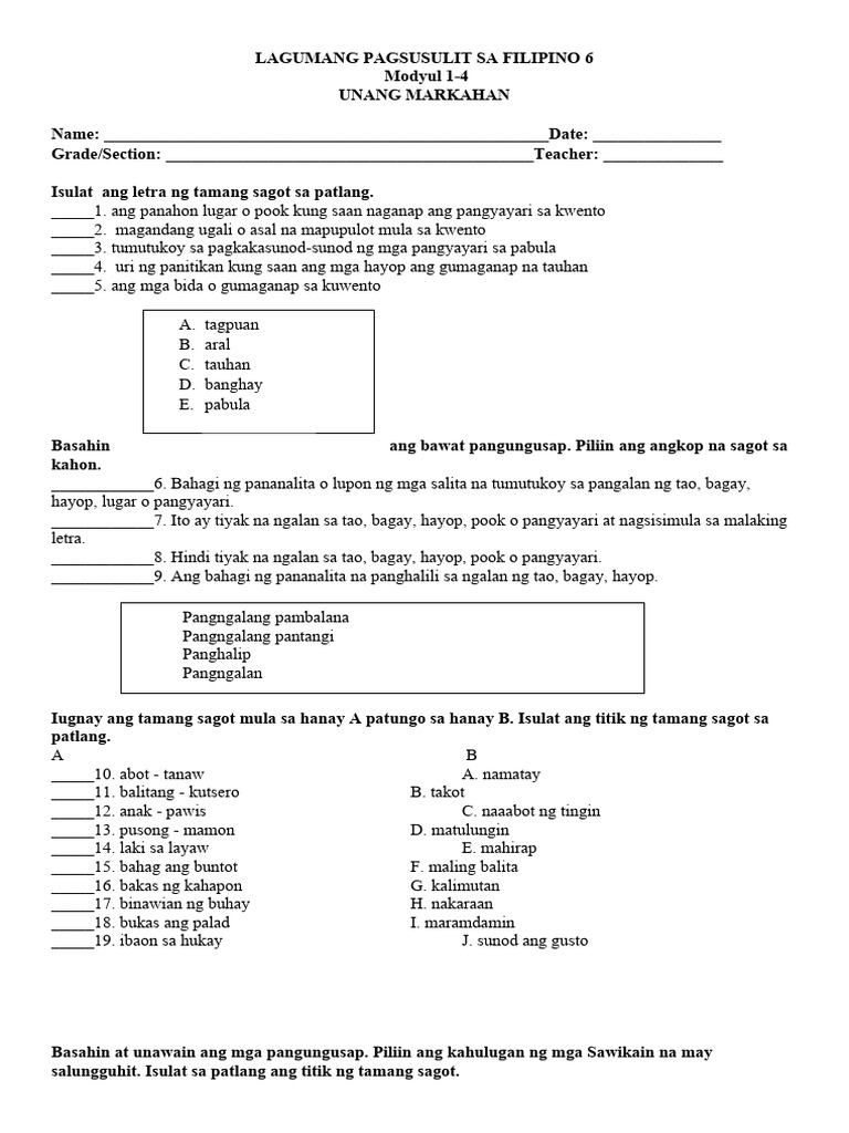 SUMMATIVE TEST IN FILIPINO 6, blg.1 | PDF
