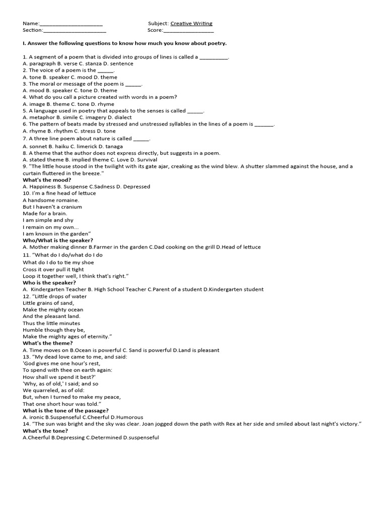 Creative Writing Test | PDF | Poetry | Linguistics