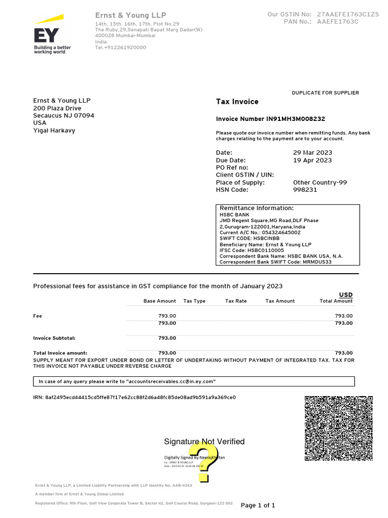 EY Invoice - DUP - IN91MH3M008232 | PDF | Invoice | Private Sector