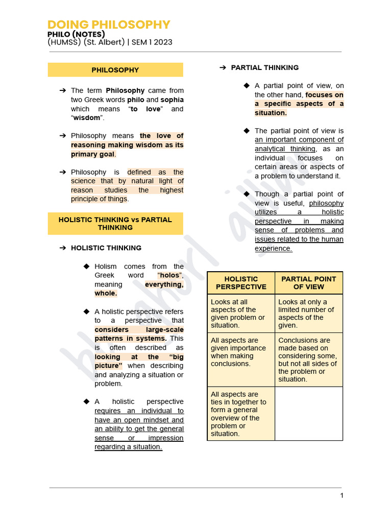 Philo 1ST Sem - Lesson 1 | PDF | Thought | Holism