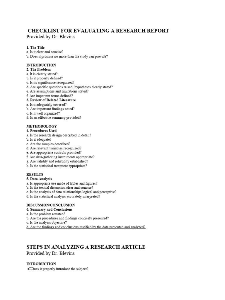 Checklist For Evaluating A Research Report | PDF