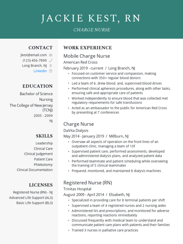 Charge Nurse Resume Example | PDF | Science & Mathematics