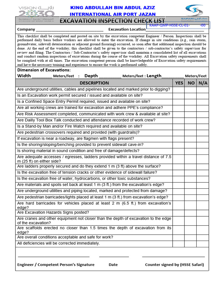 Excavation Inspection Checklist | PDF | Safety