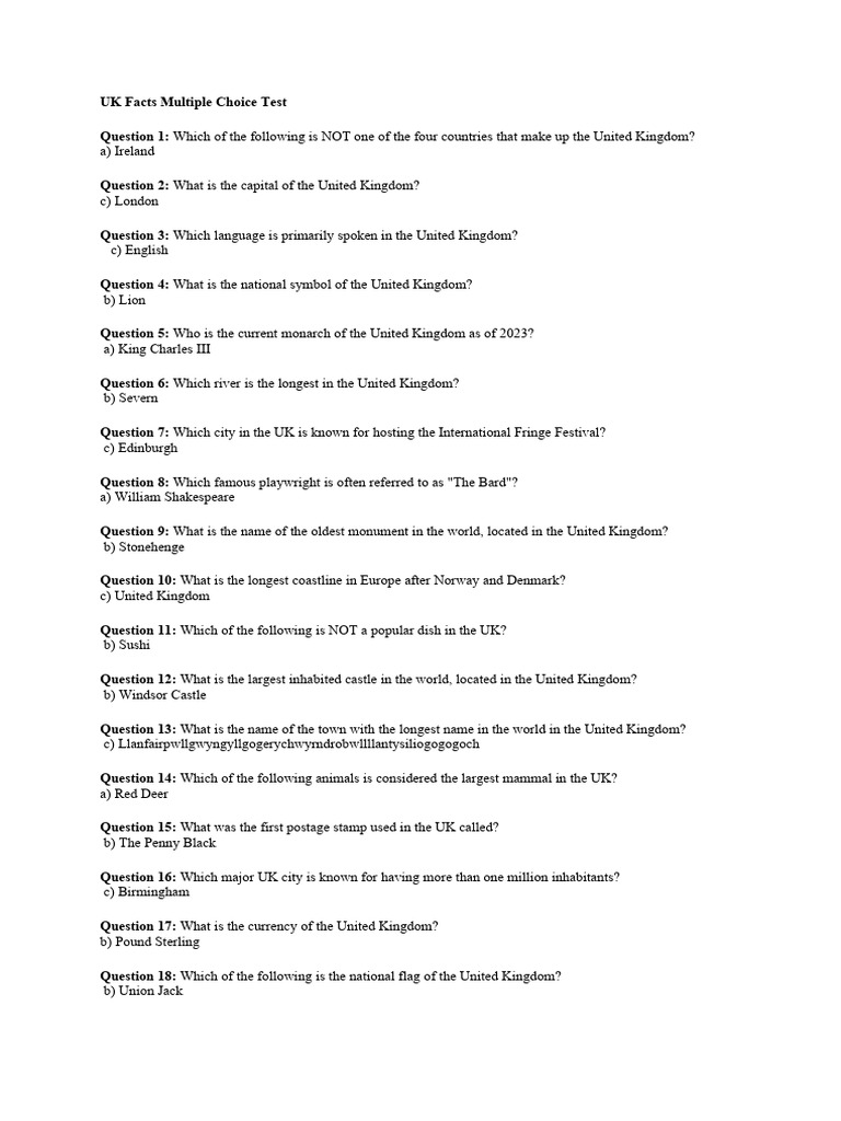 UK Facts Multiple Choice Test 1-150 | PDF