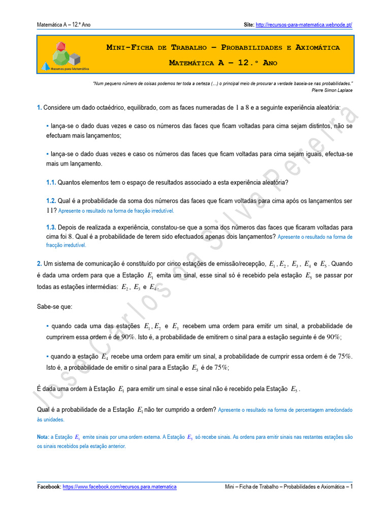 Mini-Ficha de Trabalho - Probabilidades e Axiomática | PDF | Probabilidade