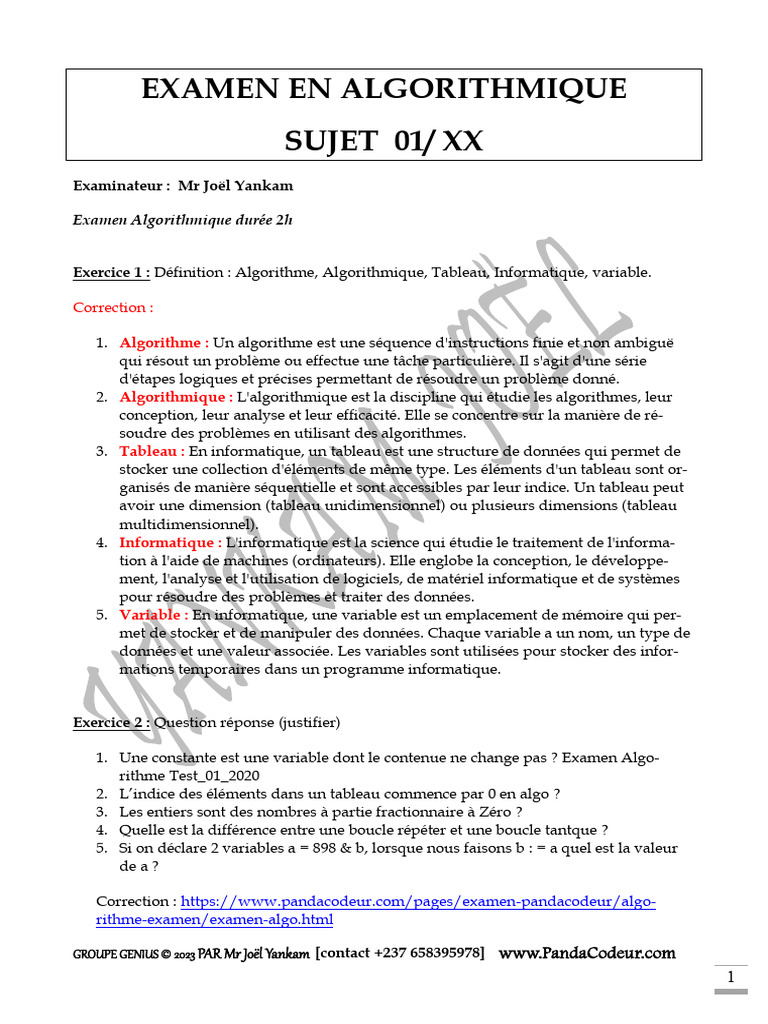 Examen Pandacodeur Algo Sujet 01 | PDF | Informatique | Algorithmes