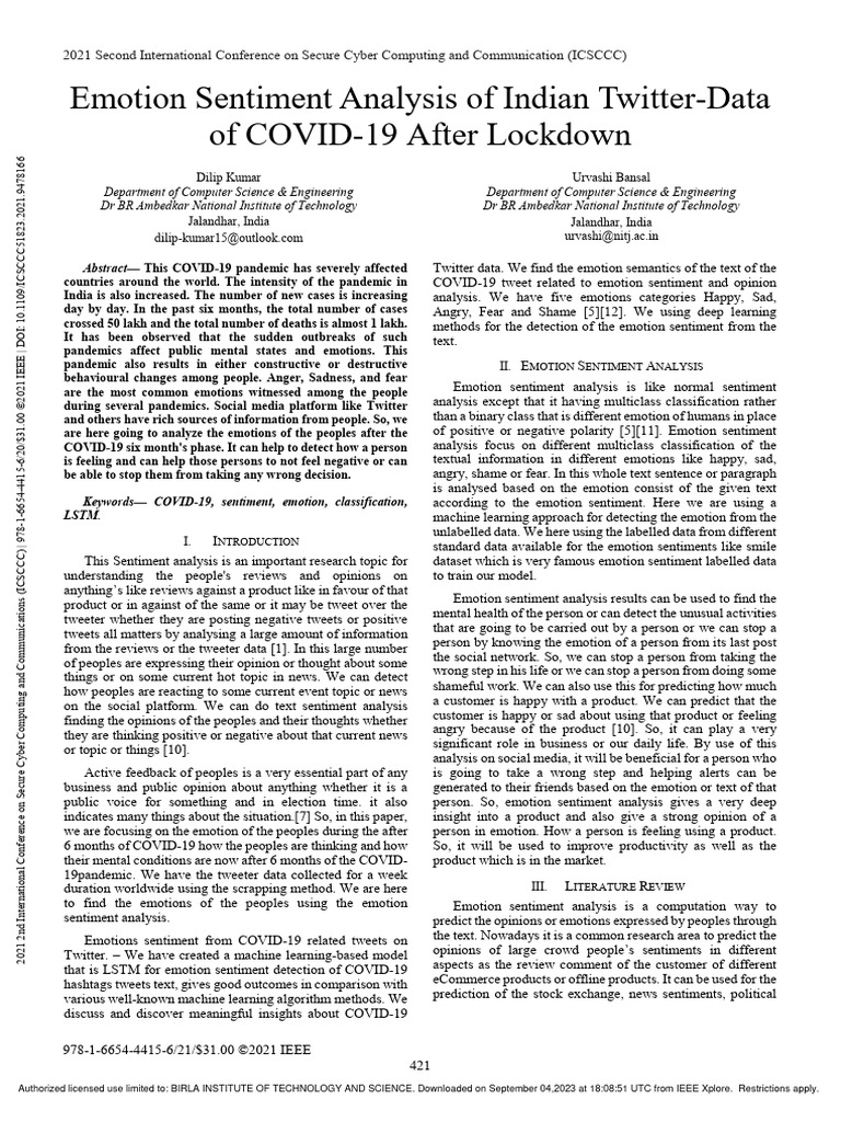 Emotion Sentiment Analysis of Indian Twitter-Data of COVID-19 After Lockdown | PDF | Machine ...