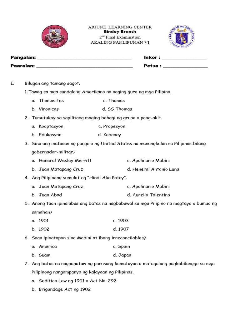Araling Panlipunan Exam | PDF