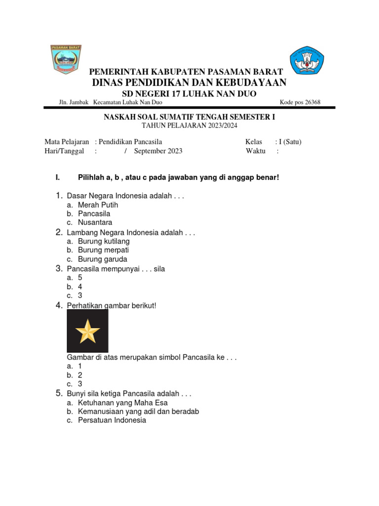 Soal STS Pend - Pancasila SMT 1 KLS 1 TP23-24 | PDF