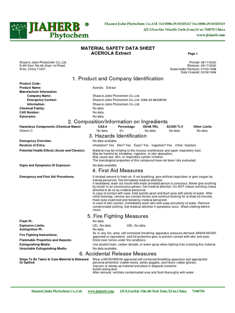 ACEROLA Extract 5%VC MSDS | PDF | Superfund | Clean Air Act (United States)
