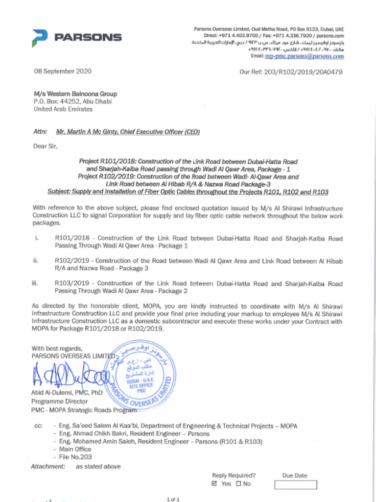 20A0479 Supply and Installation of Fiber Optic Cables Throughout The Projects R101, R102 and ...