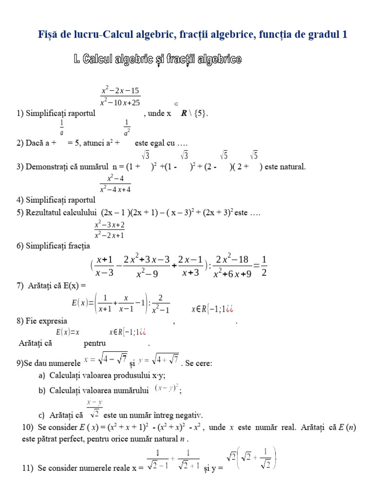 Fisa de Lucrucalcul Algebric Fractii Algebrice Functia de Gradul 1 | PDF