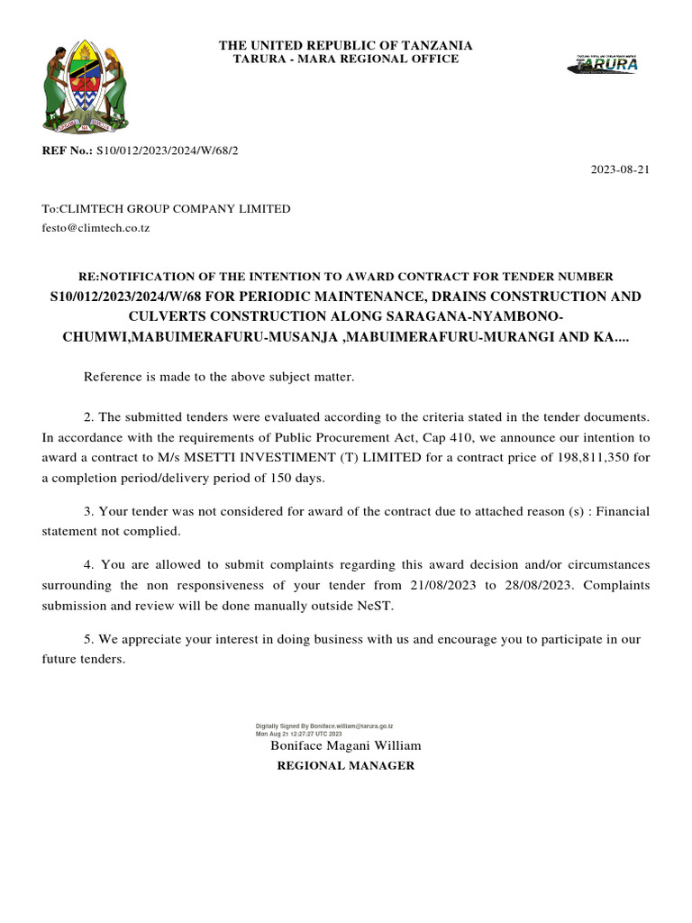 Tender Award Notification for Msetti | PDF | Law