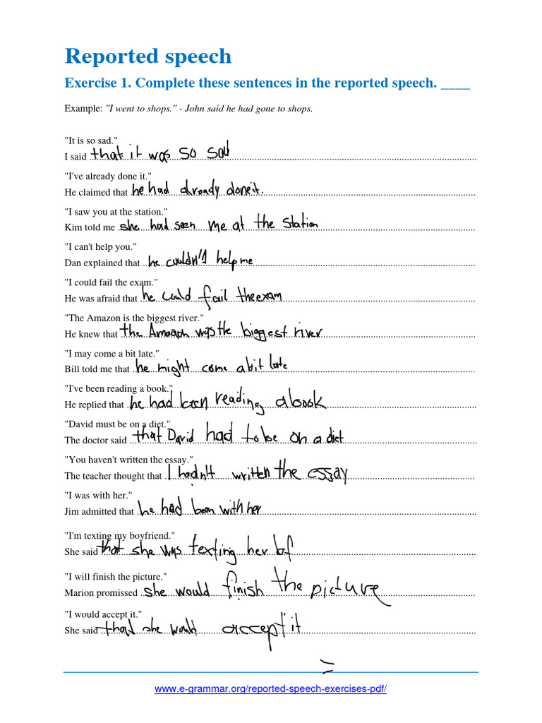 Reported Speech Exercise 1 | PDF