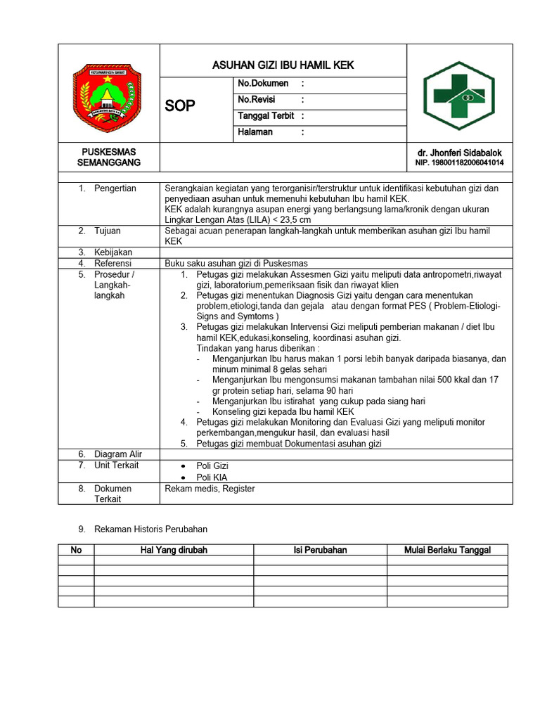 Sop Asuhan Gizi Ibu Hamil Kek | PDF