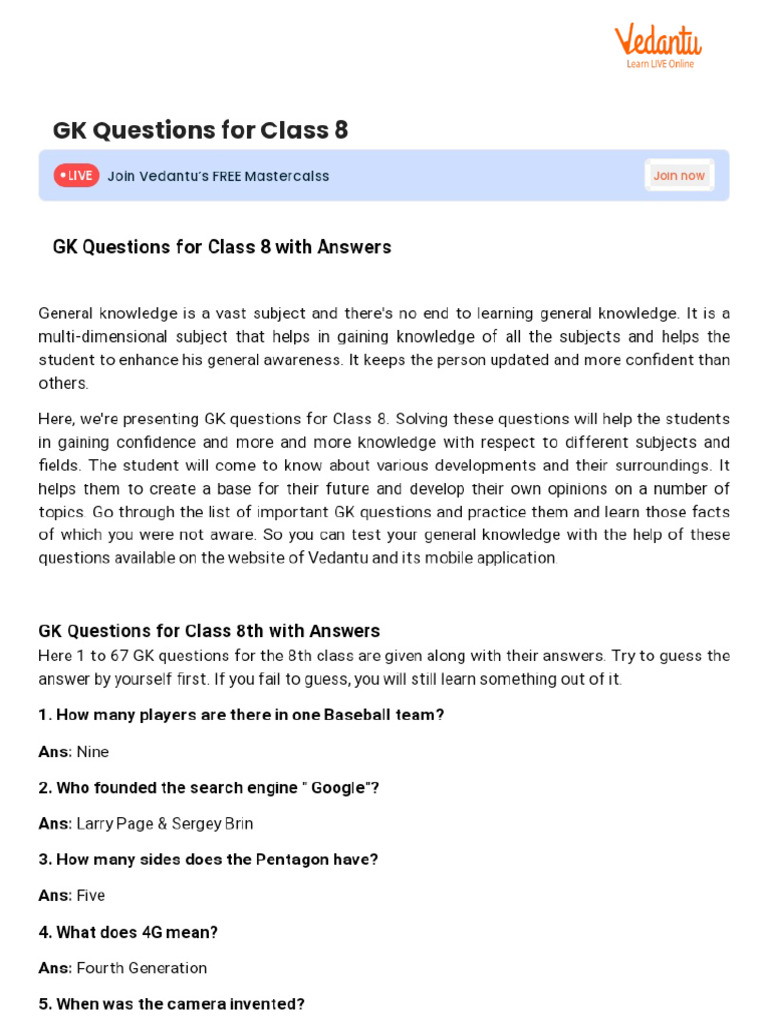 GK Questions For Class 8 | PDF