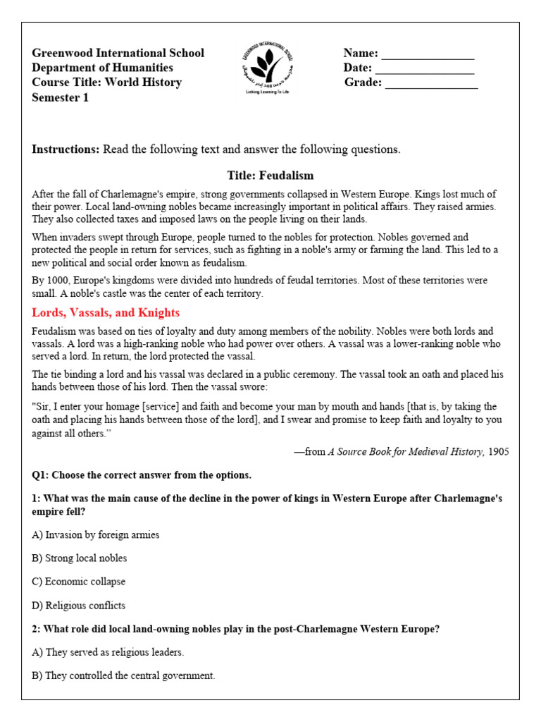 World History Homework Sheet 4B | PDF | Feudalism | Nobility