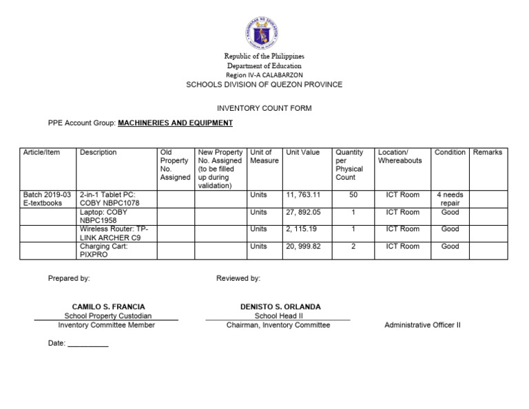 DepEd Inventory Count Form for PPE | PDF