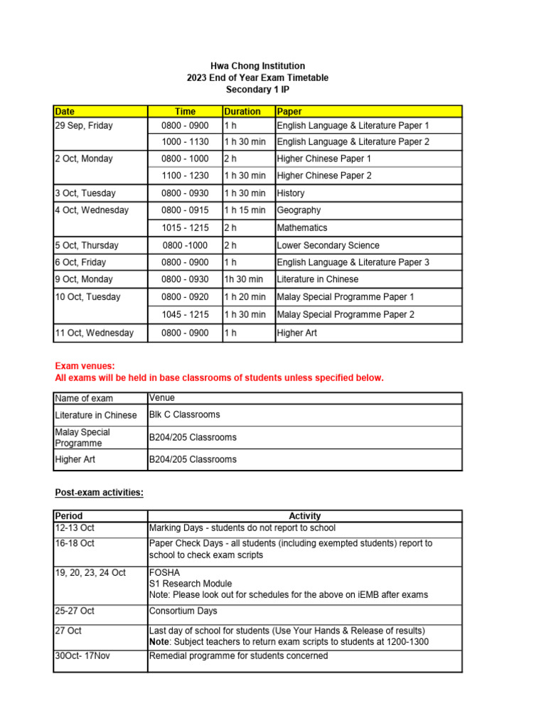 2023 End of Year Exam Timetable | PDF