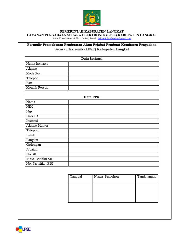 Form Permohonan Pembuatan Akun PPK LPSE | PDF | Hukum