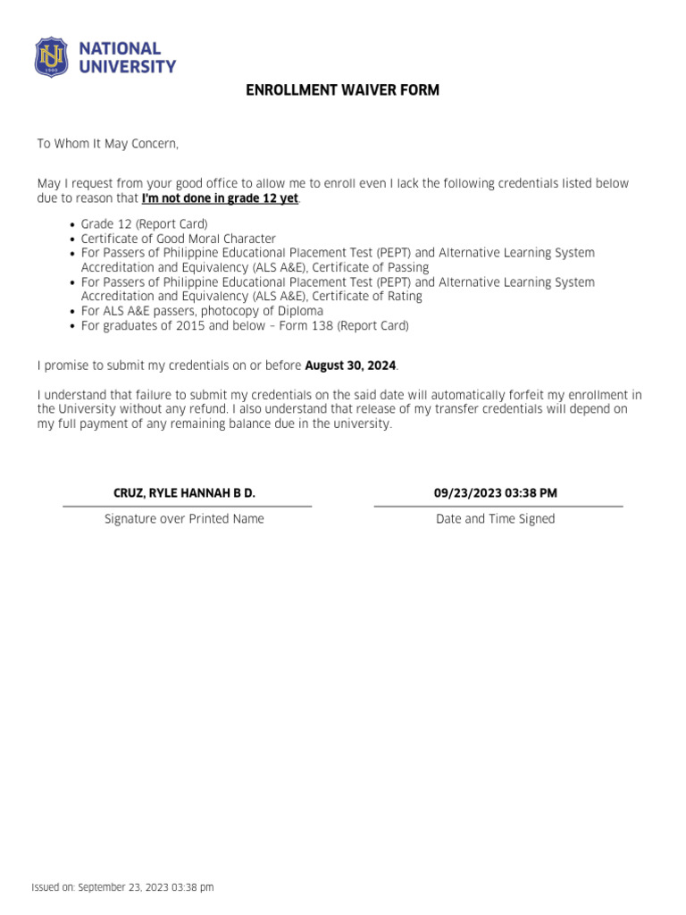 Enrollment Waiver Request Form | PDF