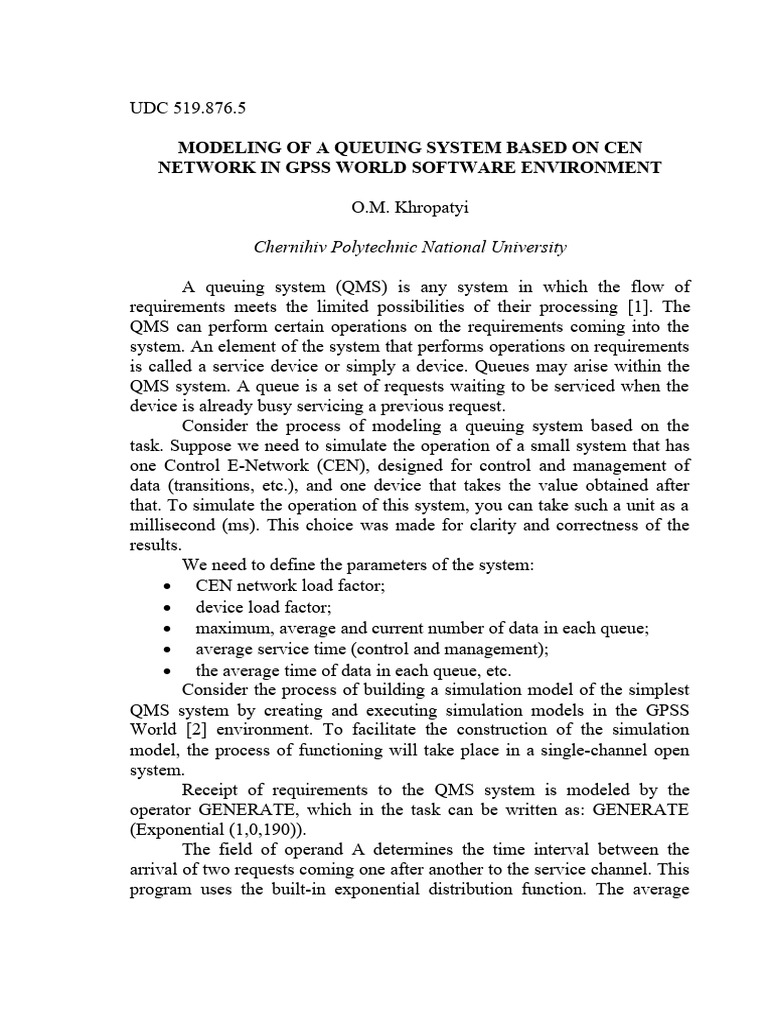 Modeling of A Queuing System Based On Cen Network in GPSS World ...
