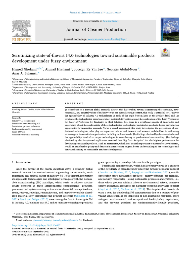 Journal of Cleaner Production: Hamed Gholami, Ahmad Hashemi, Jocelyn Ke ...